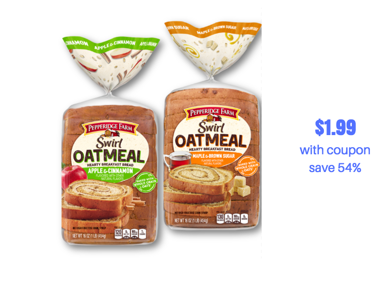 Pepperidge Farm Swirl Oatmeal Bread Coupon and Sale - Pay just $1.99 ...