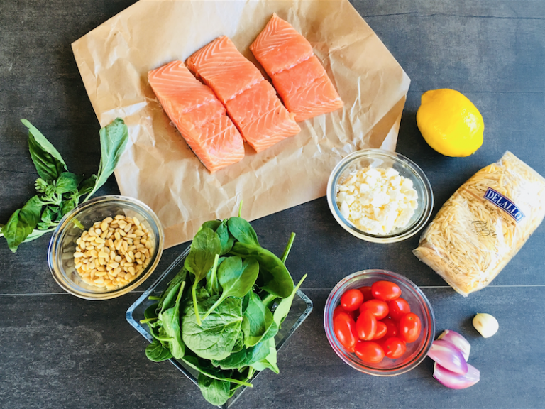 Roasted Salmon with Greek Lemon Spinach Orzo With Feta Recipe - Super ...