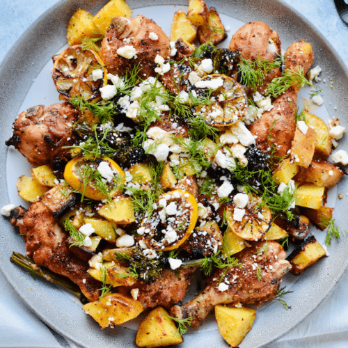 One Pan Roasted Chicken and Potatoes with Lemon, Feta & Dill - Super ...